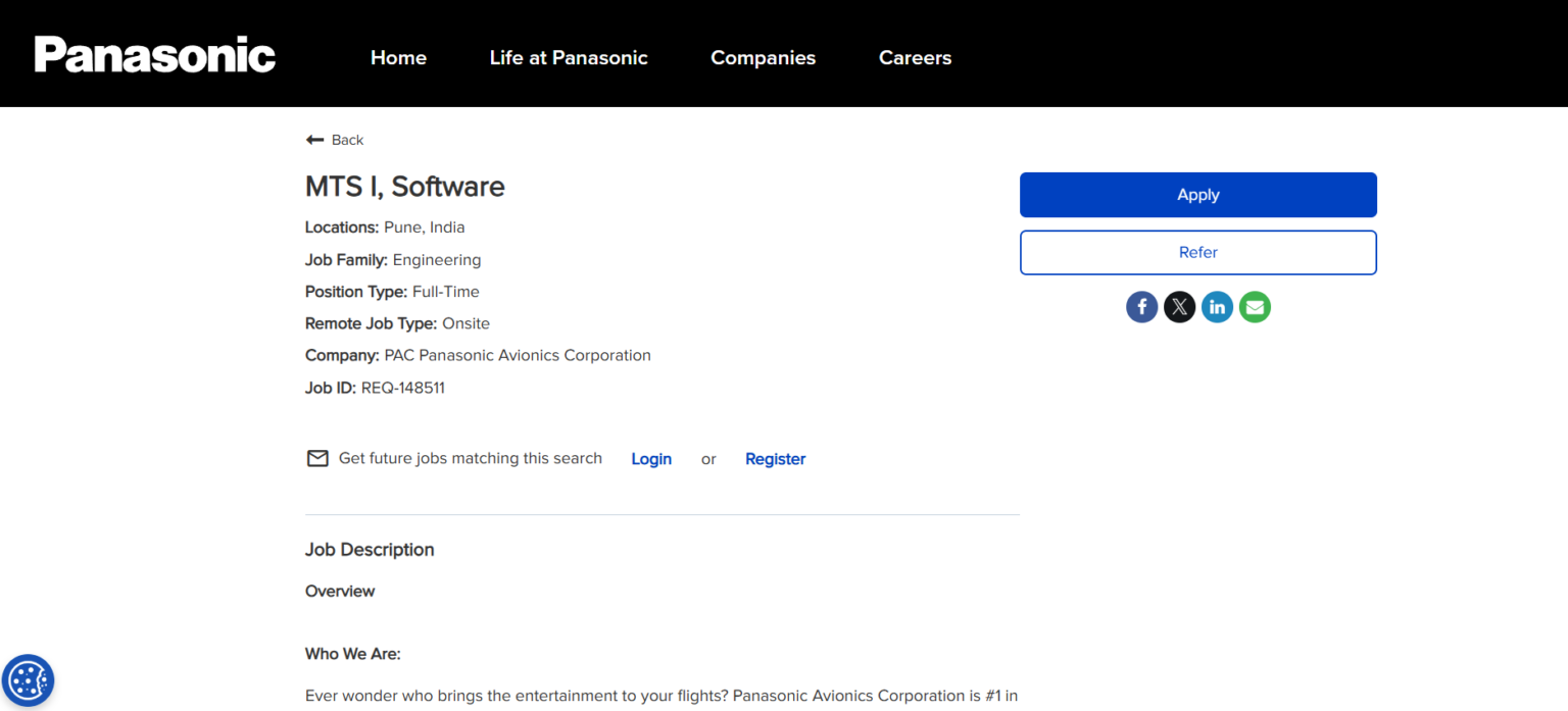 Panasonic Off Campus Hiring - MTS I, Software - OnlineStudy4U