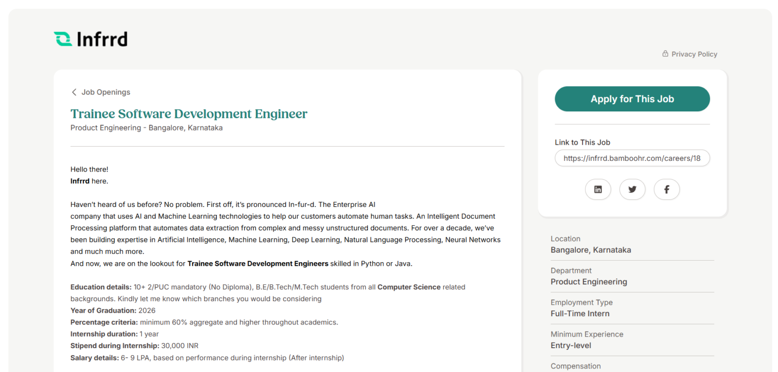Infrrd Biggest Hiring - Trainee Software Development Engineer Role - OnlineStudy4U