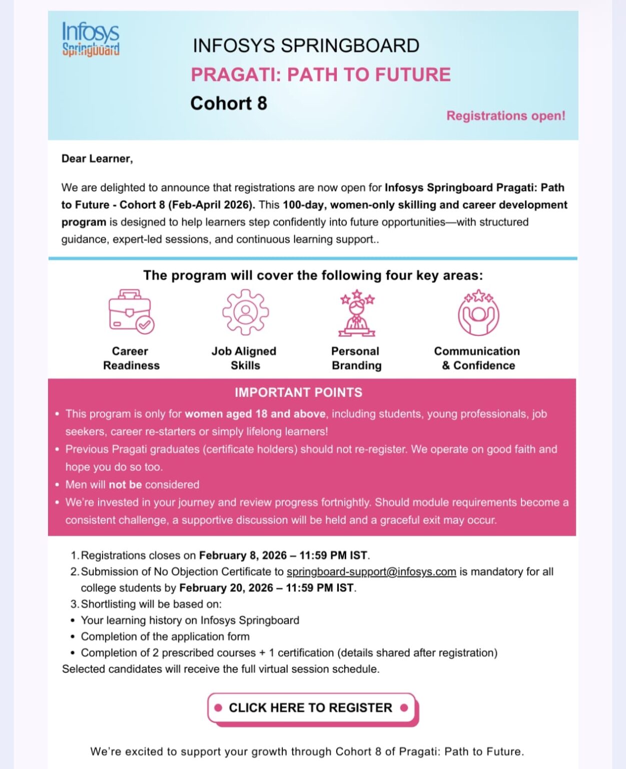 Infosys New Hiring Drive - Springboard Pragati Cohort 8: 100-Day Women-Only Skilling Program ...